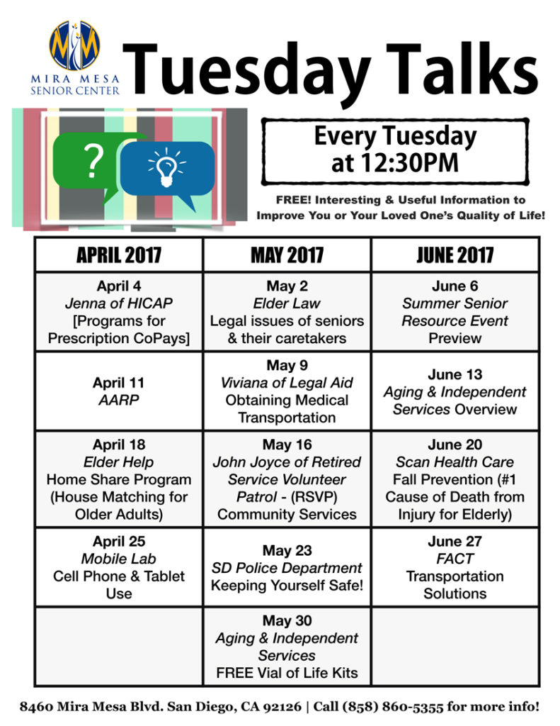 Tuesday Talks Schedule | Mira Mesa Center