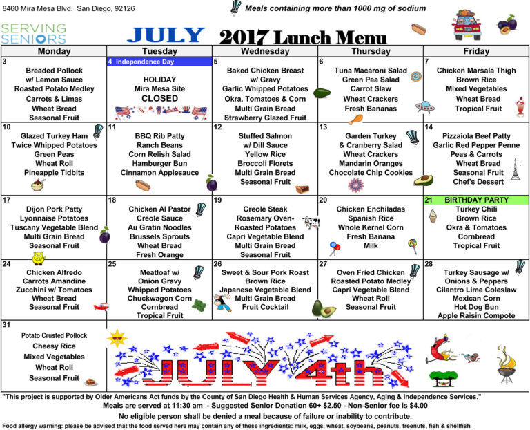July 2017 Lunch Menu Now Available! | Mira Mesa Center