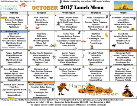 October 2017 Lunch Menu Now Available! | Mira Mesa Center