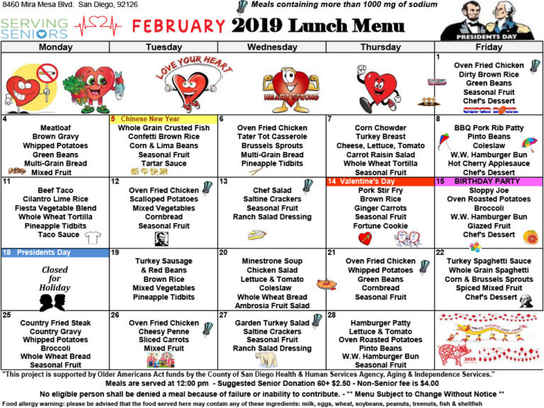 February 2019 Lunch Menu Now Available! | Mira Mesa Center