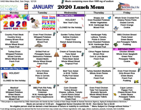 January 2020 Lunch Menu Now Available | Mira Mesa Center