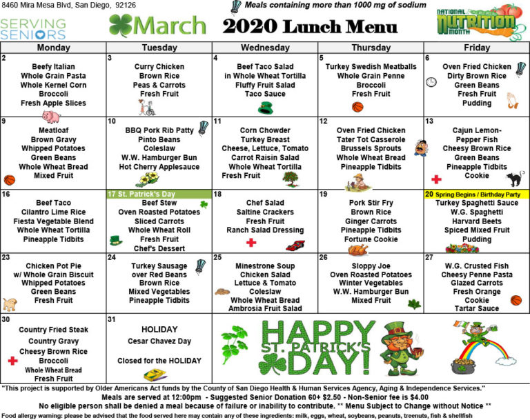 March 2020 Lunch Menu Now Available | Mira Mesa Center